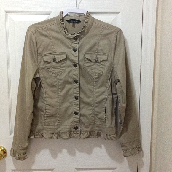 Baccini | Jackets & Coats | Baccini Taupe Jacket With Ruffle Trim Metal ...